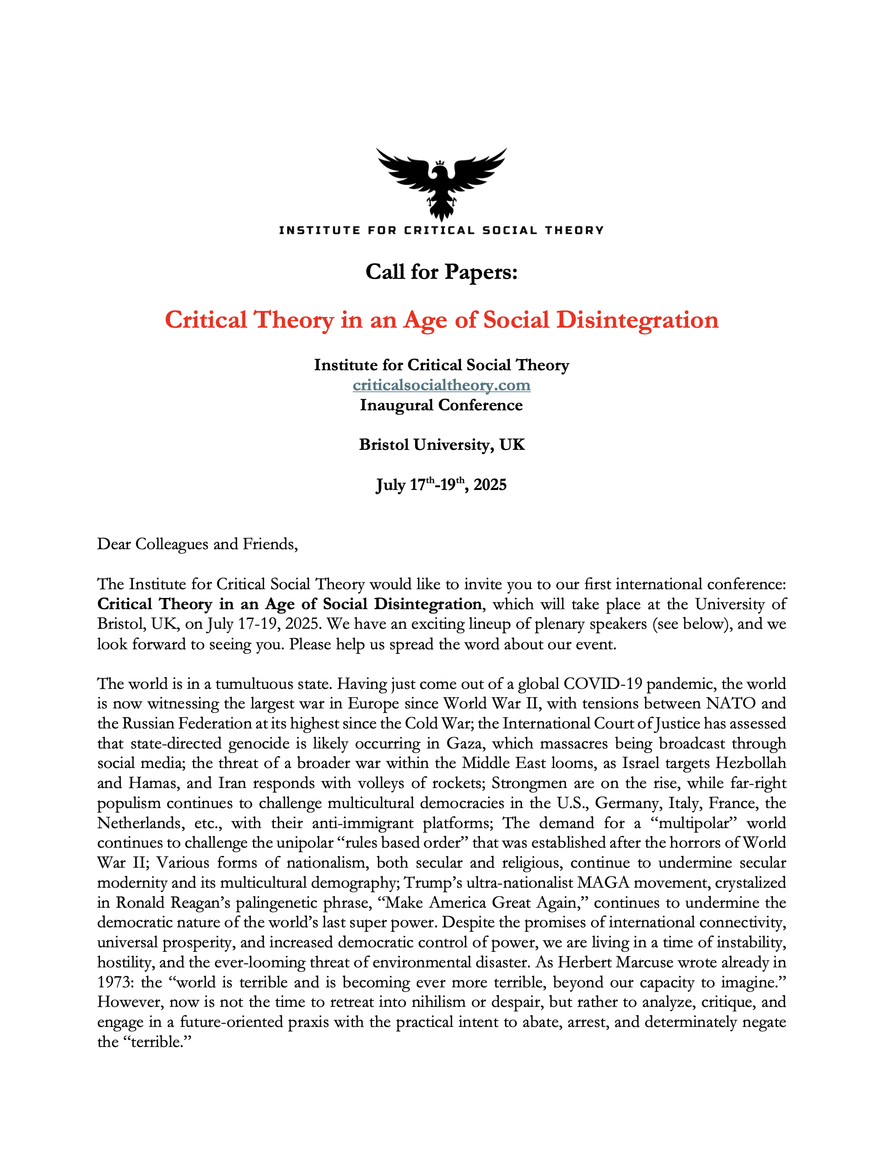 Institute for Critical Social Theory – Inaugural Conference, 2025 ...